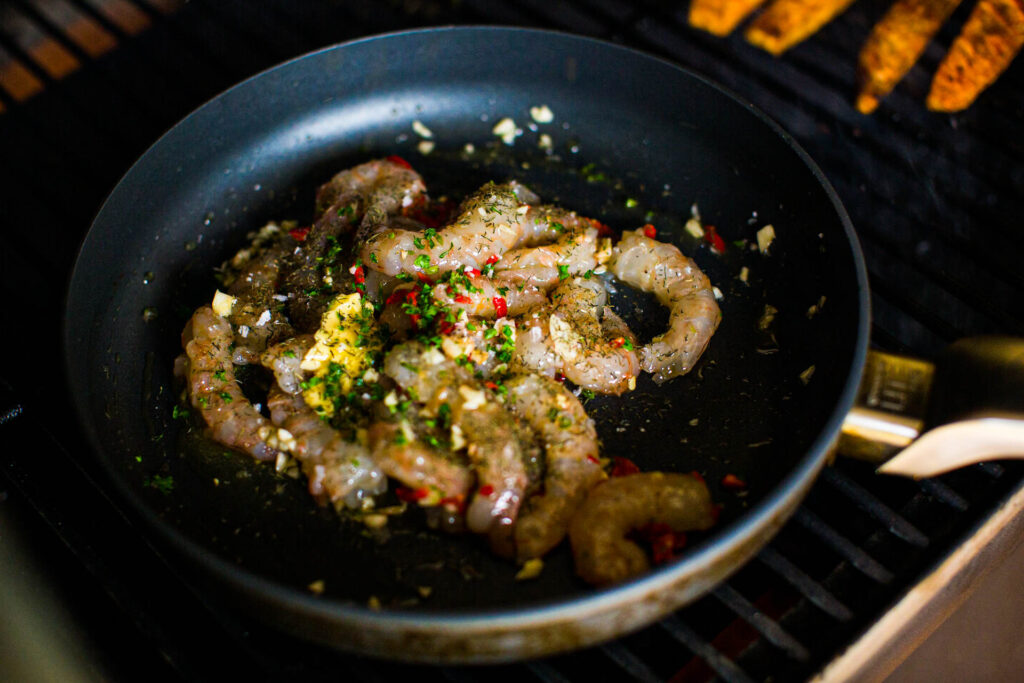 Wagyu Rump With Garlic Chilli Prawns and Sweet Potato Chips Recipe - We ...