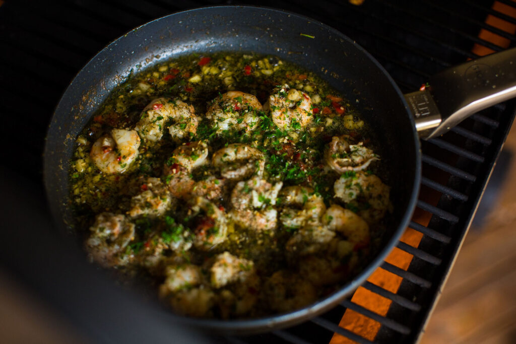 Wagyu Rump With Garlic Chilli Prawns and Sweet Potato Chips Recipe - We ...