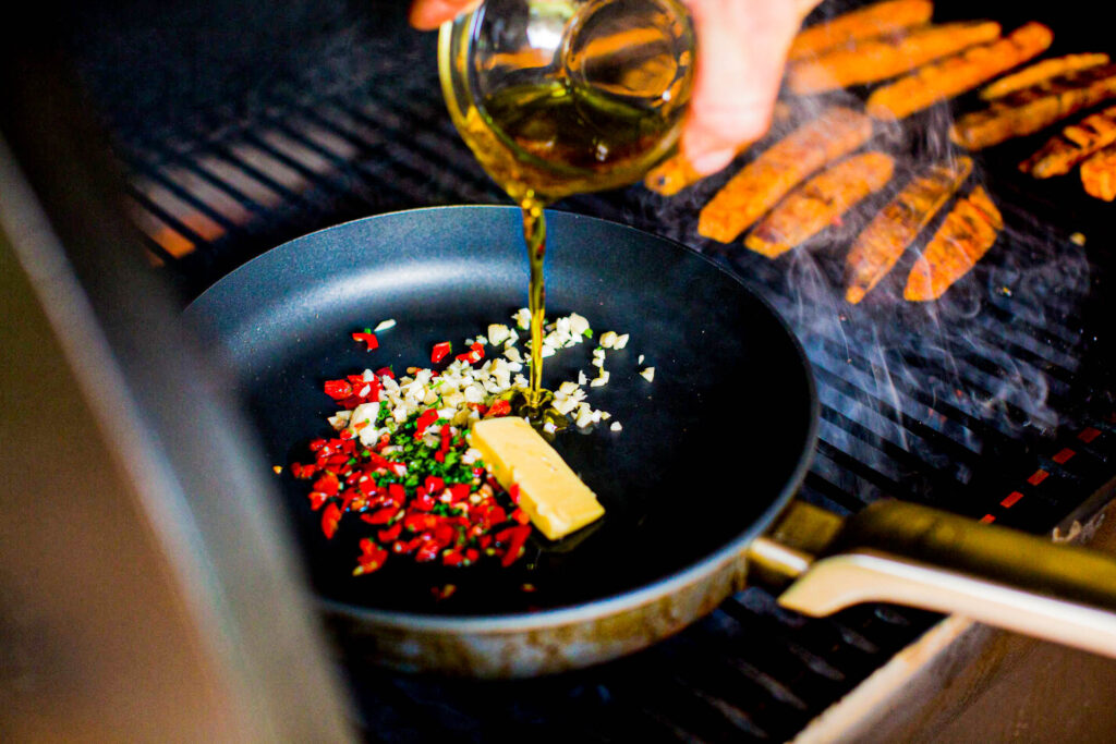 Wagyu Rump With Garlic Chilli Prawns and Sweet Potato Chips Recipe - We ...