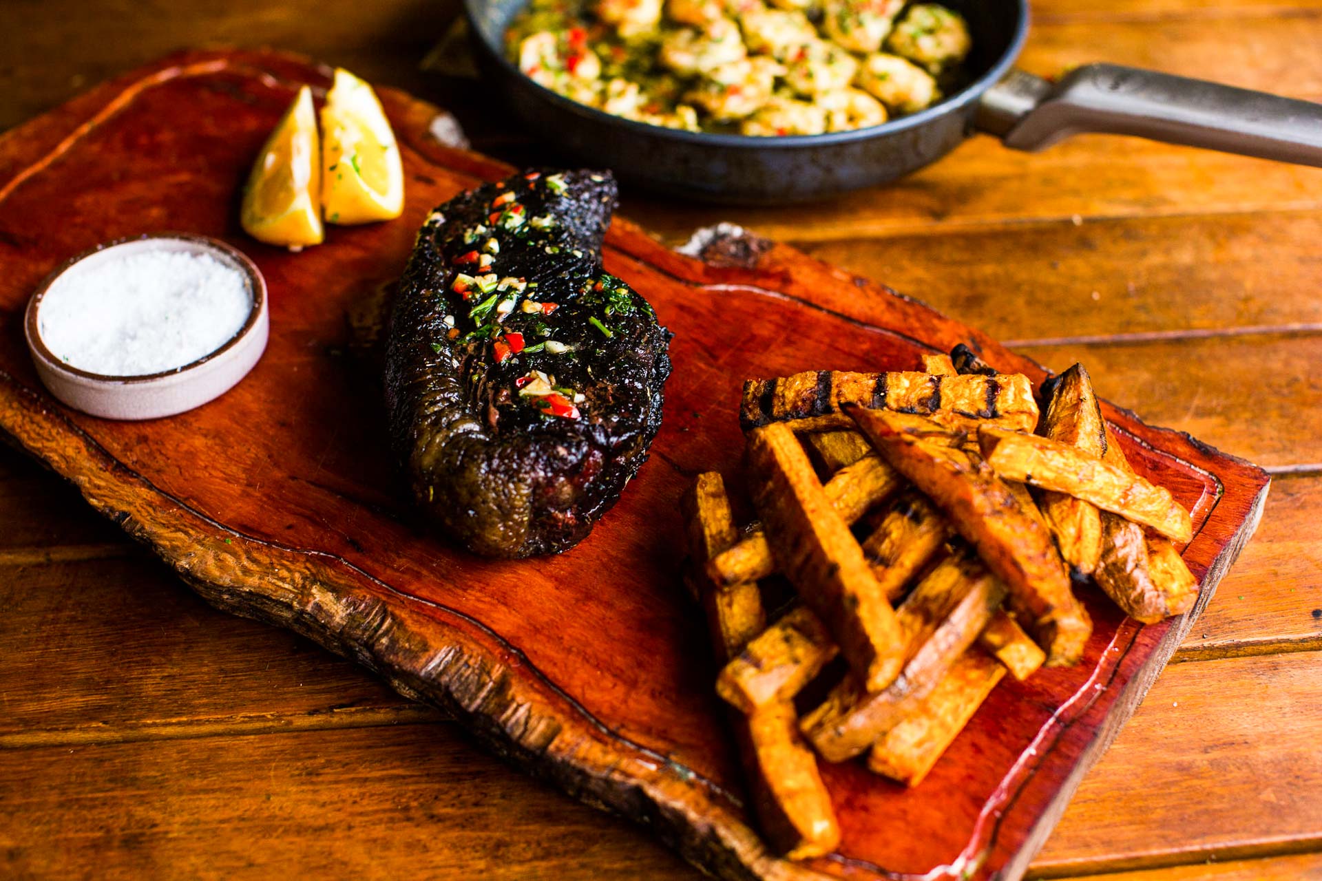 Wagyu Rump With Garlic Chilli Prawns and Sweet Potato Chips Recipe - We ...