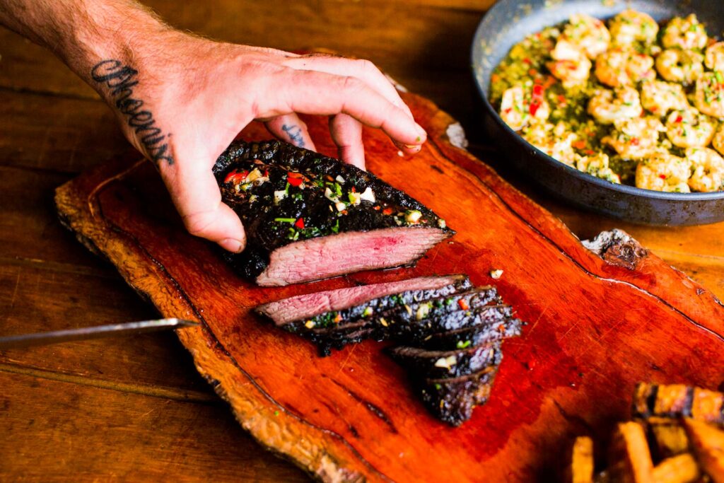 Wagyu Rump With Garlic Chilli Prawns and Sweet Potato Chips Recipe - We ...